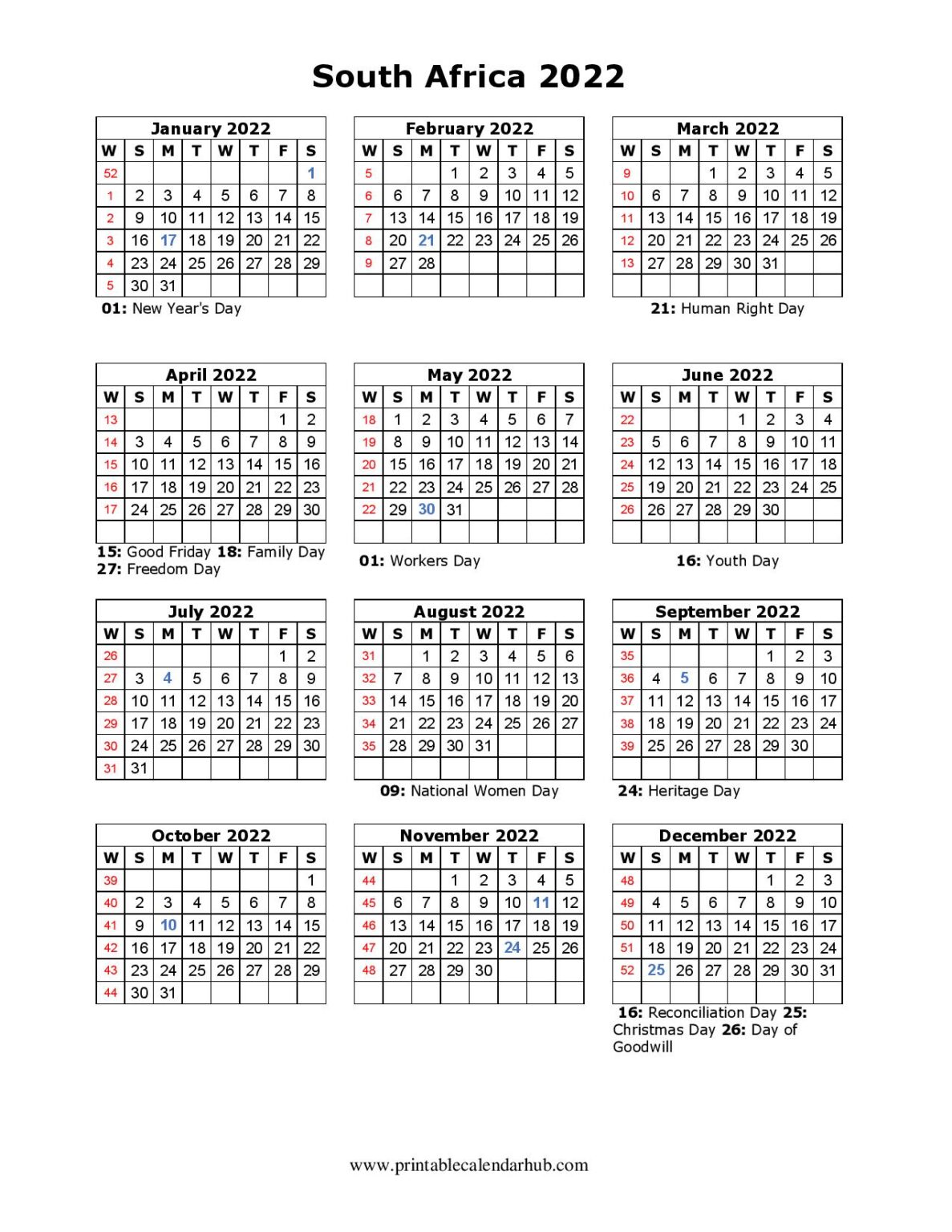 Printable 2022 South Africa Calendar with Holidays - Printable Calendar ...