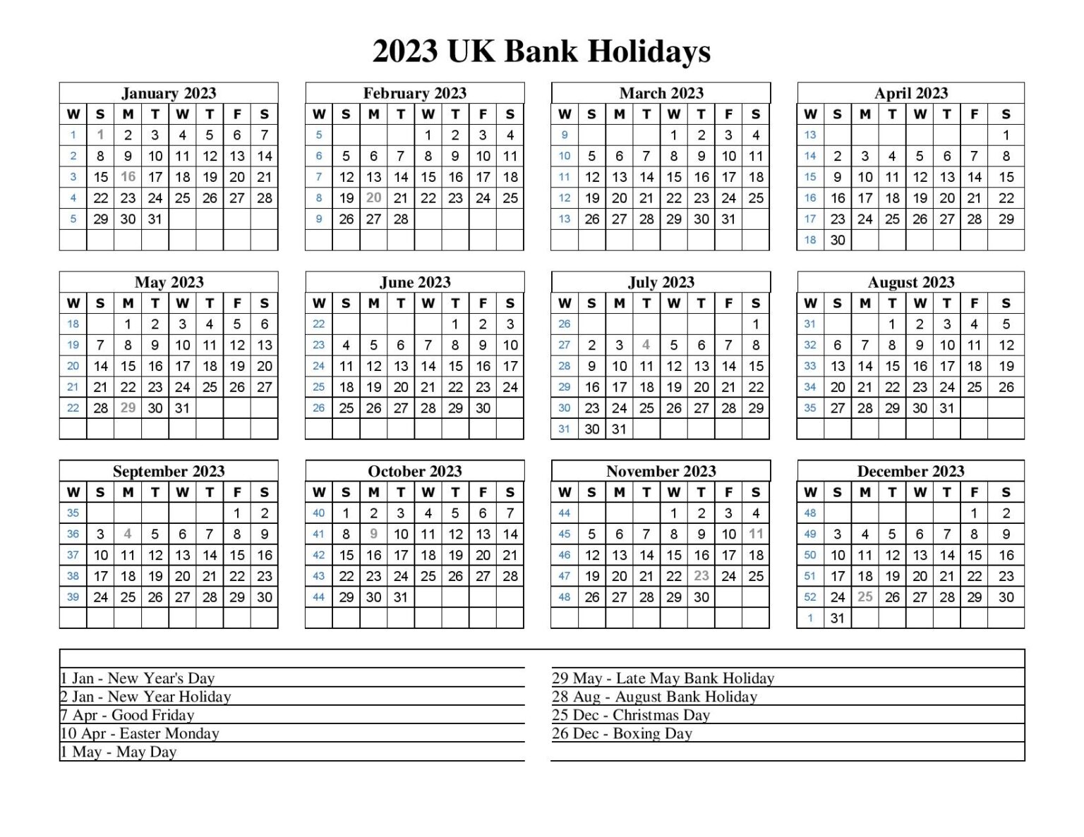 2023 United Kingdom Holidays Calendar - Printable Template - Printable ...