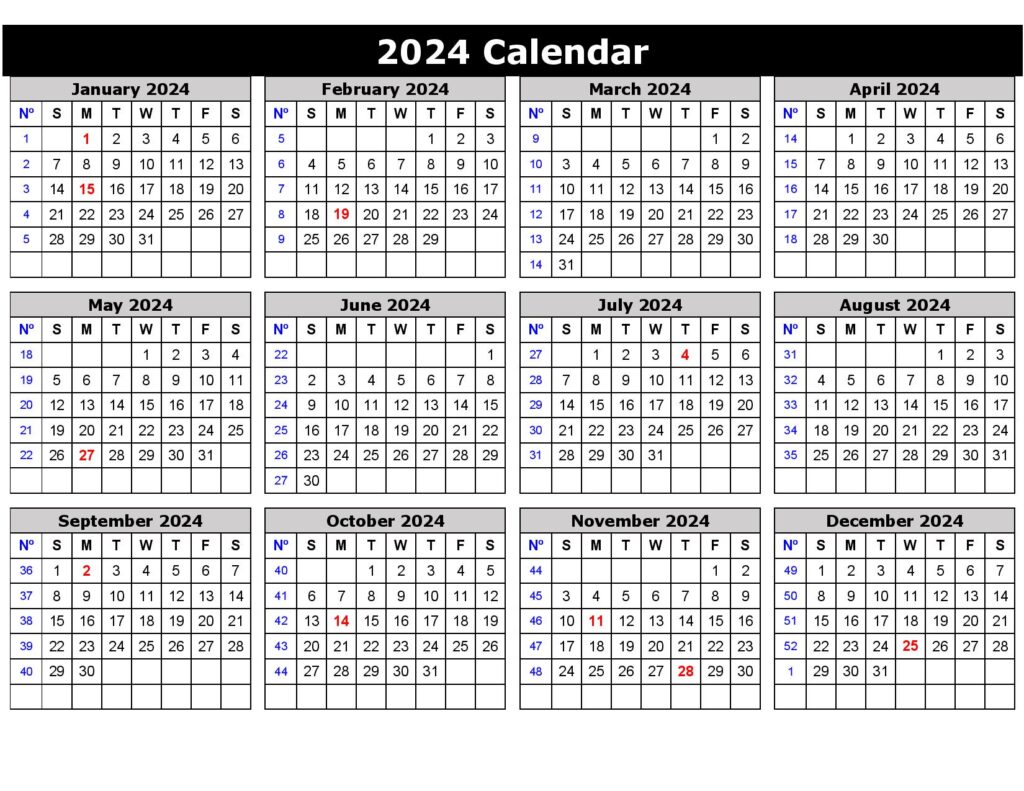 2024 Calendar Printable Yearly Template (PDF, Word) - Printable ...